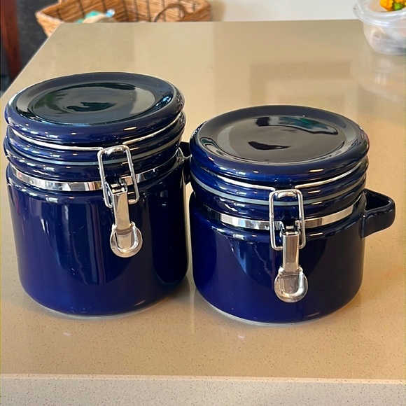 Kitchen | Dark Navy Blue Ceramic Canisters Set Of Two With Spoon ...